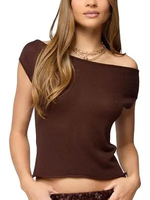 EDIKTED Glitter Off Shoulder Top - Dark-brown
