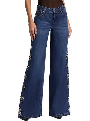 Alice + Olivia Embellished Wide Leg Jeans - Dark Rinse