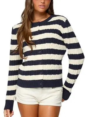 EDIKTED Mildred Striped Cable Knit Cardigan - Navy-and-cream