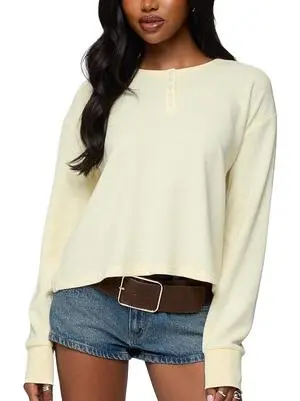 EDIKTED Long Sleeve Henley Waffle Top - Yellow