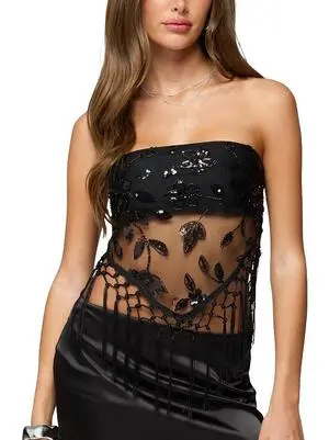 EDIKTED Sequin Fringed Strapless Top - Black