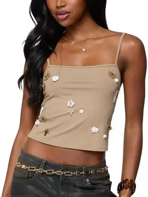 EDIKTED Flower Applique Tank Top - Brown