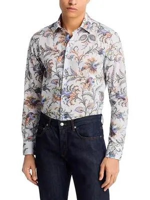 Etro Floral Print Button Down Shirt - Light Blue/ Red/ Green