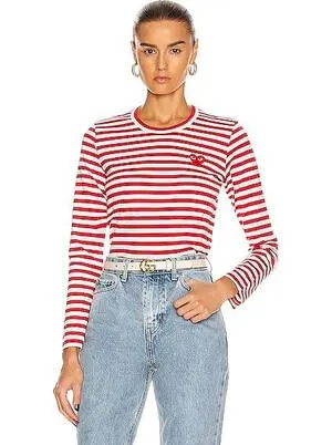 Play Comme Des Garcon Striped Cotton Emblem Long Sleeve Tee - Red