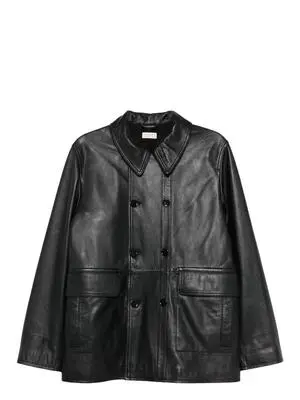 FURSAC Double-breasted Leather Shirt Jacket - Black