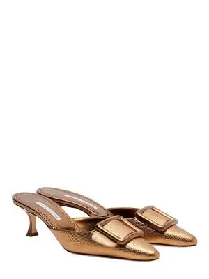 Manolo Blahnik Maysale 50 Metallic Leather Mules - Gold