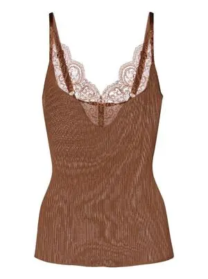 Saint Laurent Lace-trimmed Ribbed-knit Silk Tank Top - Brown