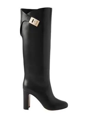 FERRAGAMO Enni Embellished Leather Knee Boots - Black