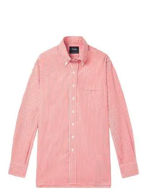 DRAKE'S Slim-fit Button-down Collar Striped Cotton-poplin Shirt - Red