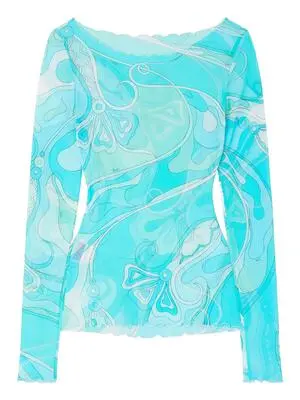 Emilio Pucci Printed Stretch-Tulle Top Turquoise