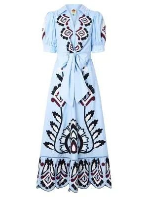 Farm Rio Tie-front Scalloped Appliquéd Maxi Dress - Blue