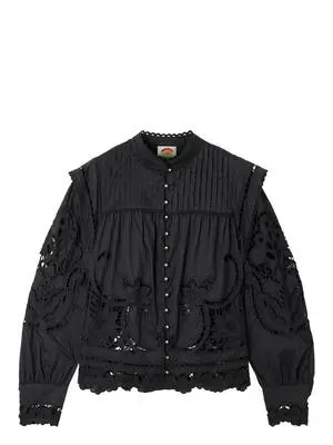 Farm Rio Richilieu Pleated Broderie Anglaise Blouse - Black