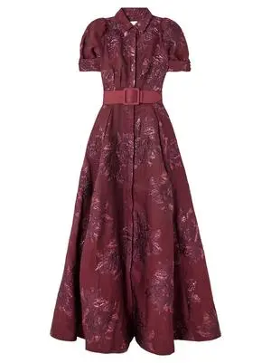 Rebecca Vallance Arlette Belted Metallic Cloqué Gown - Burgundy