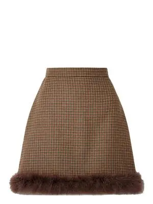 Valentino Garavani Feather-trimmed Houndstooth Mini Skirt - Brown