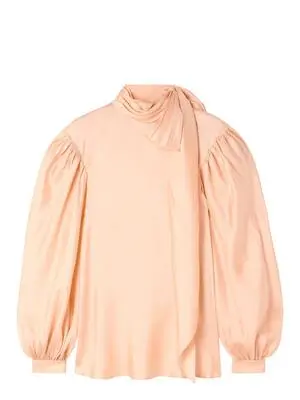 GUCCI Tie-Neck Draped Gathered Silk Satin-Twill Blouse