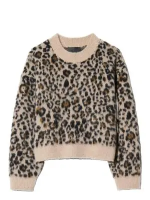 NILI LOTAN Zamira Leopard Stitch Cashmere Silk Blend Sweater - Jute Leopard