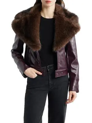 Mango Cleo Faux Leather Crop Jacket With Faux Fur Collar - Maroon