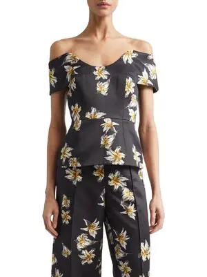 EMILIA WICKSTEAD Souline Festive Lilies Peplum Top - Festive Lilies Black Yellow