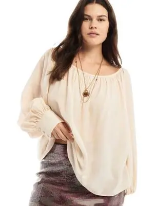 JUNE + VIE Boat Neck Balloon-sleeve Blouse - Warm Cream