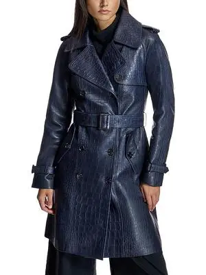 MAXIMILIAN Croc-stamped Lamb Leather Trench Coat - Cobalt