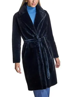MAXIMILIAN Belted Shearling Coat - Navy/black