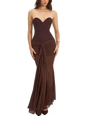 MISS CIRCLE Sweetheart Draped Mesh Mermaid Maxi Dress - Espresso