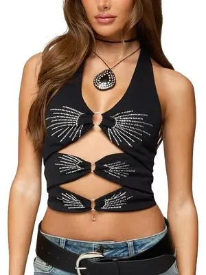 EDIKTED Lettie Rhinestone Halter Top - Black