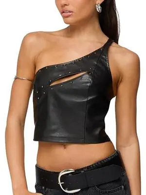 EDIKTED Asymmetric Faux Leather Cutout Top - Black