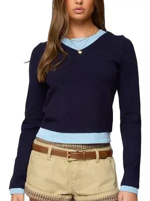 EDIKTED Marthie Layered Knit V-neck Top - Navy