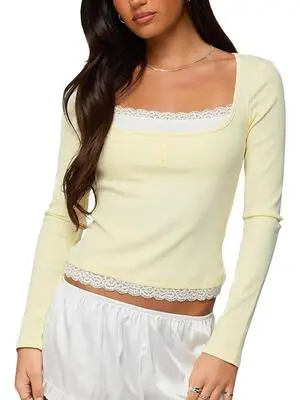 EDIKTED Joana Layered Lacey Henley Top - Yellow