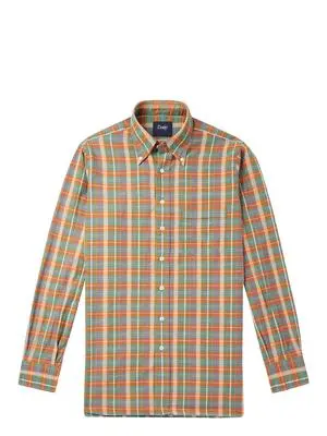 DRAKE'S Button-down Collar Checked Cotton-madras Shirt - Orange