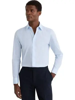 REISS Vega Stretch-cotton Concealed-placket Shirt Slim-fit - Soft Blue