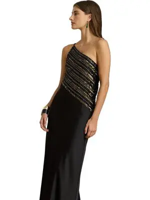 Ralph Lauren Beaded Mesh & Satin One-shoulder Gown - Black/gold