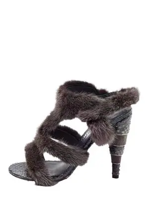 FERRAGAMO Fur And Python Leather Sandals - Brown