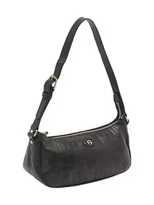 AIGNER Croc Embossed Leather Shoulder Bag - Black