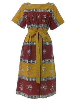 SOULEIADO Printed Belted Midi Dress - Yellow