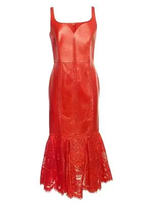 Alexander McQueen 2024 Leather Lace Midi Dress - Red