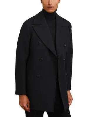 REISS Wool Blend Double Breasted Pea Coat - Navy