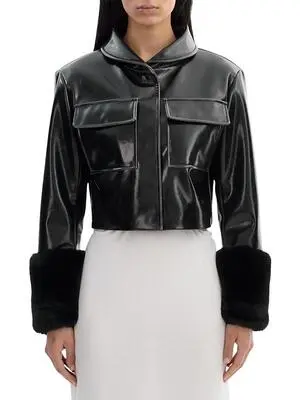 LAMARQUE Faux Leather Jacket With Fur Cuffs - Black