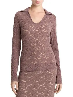 Vince Lace Long Sleeve Polo Top - Smoky Berry