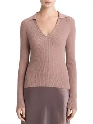 Vince Cashmere Silk Ribbed Polo Top Beet Root