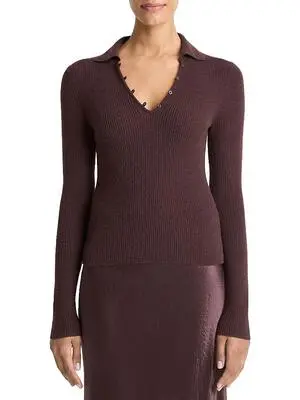 Vince Cashmere Silk Ribbed Polo Top - Fig