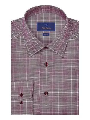 David Donahue Trim Fit Twill Glen Check Dress Shirt - Merlot