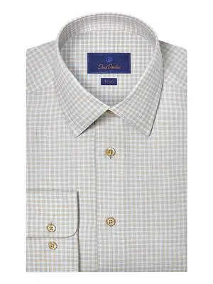 David Donahue Trim Fit Cashmere Blend Twill Check Dress Shirt - Dune
