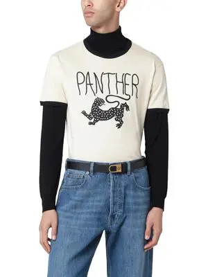 Valentino Garavani Butter-colored T-shirt With Panther Print - Beige