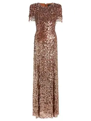Jenny Packham Eugenie Sequin Fringed Maxi Dress - Bronze