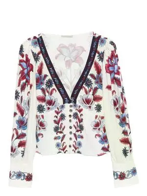 Farm Rio Floral-print V-neck Blouse - White