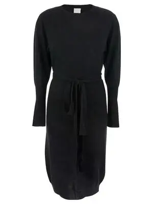 SOLOCASCMIR Crew-neck Belted Midi Dress - Black