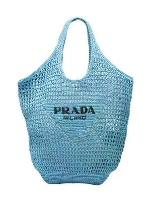 PRADA Raffia Effect Crochet Shopping Tote Bag