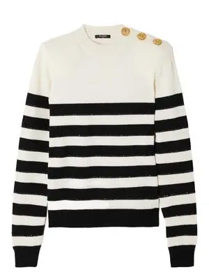 Balmain Embellished Striped Knitted Sweater - White